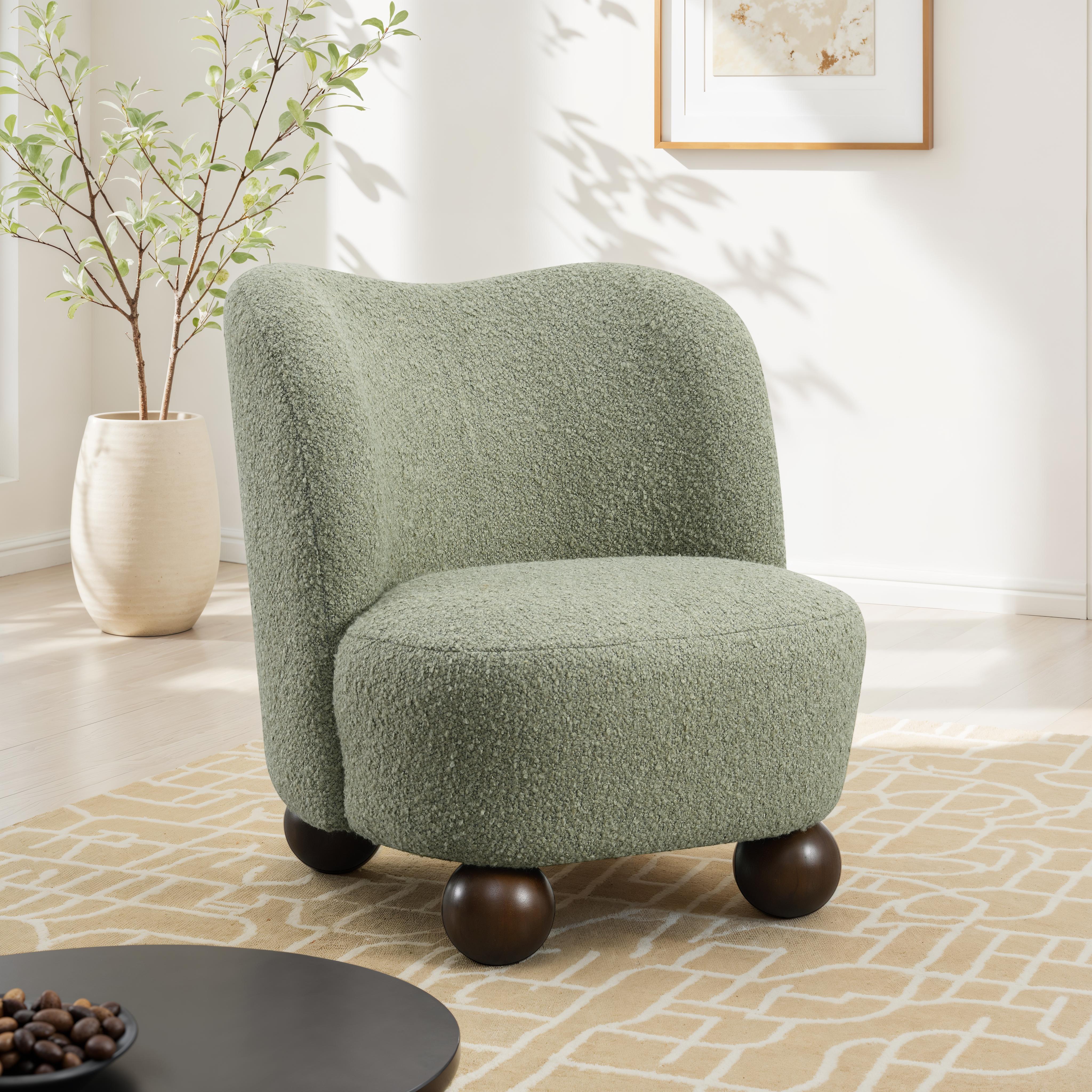 Contemporary Boucle Accent Chair – Sculptural Wood Ball Feet, Wide Sea